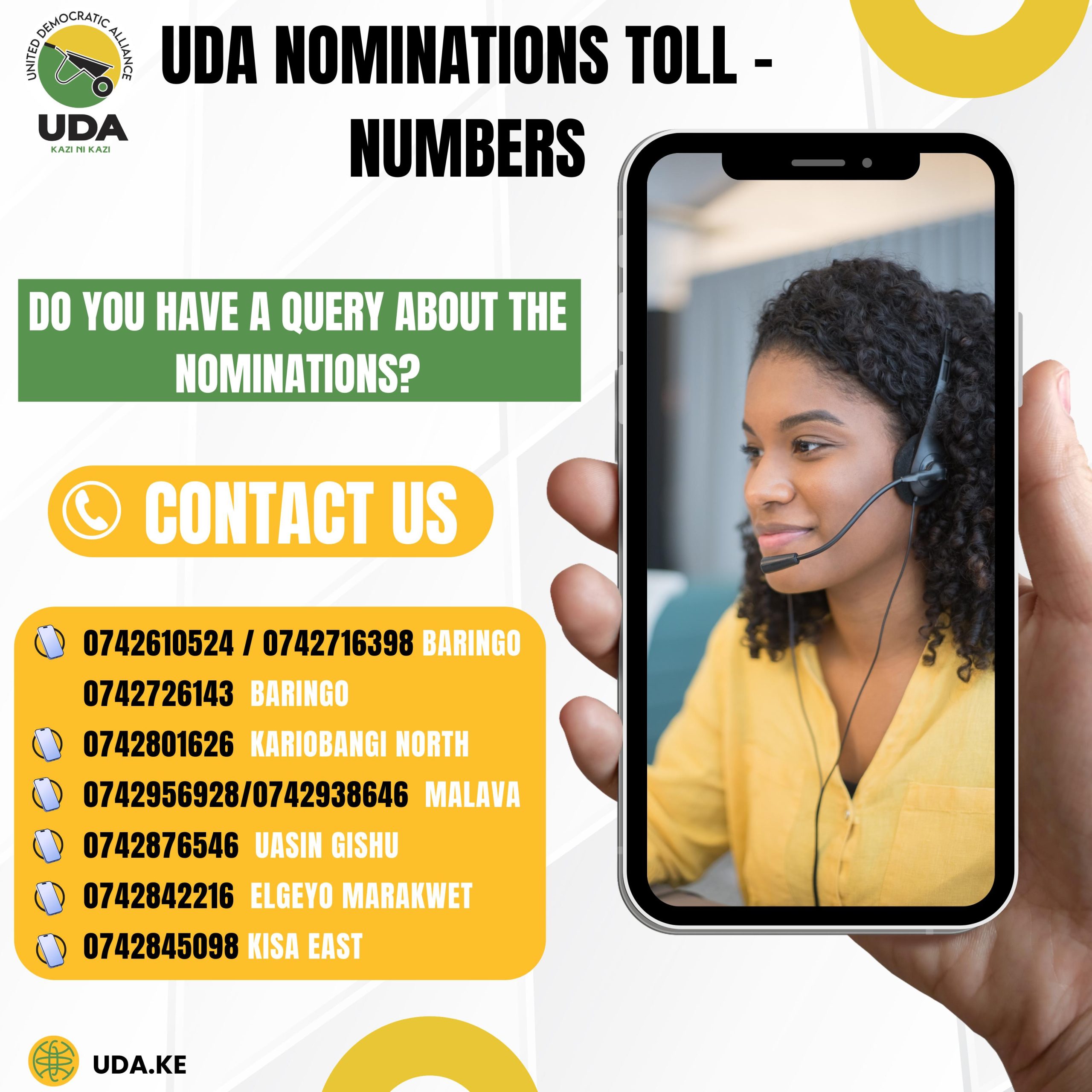 UDA NOMINATIONS TOLL NUMBERS - United Democratic Alliance
